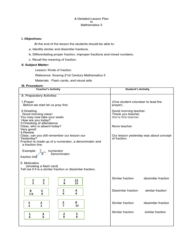 A Detailed Lesson Plan | PDF | Fraction (Mathematics) | Mathematical ...