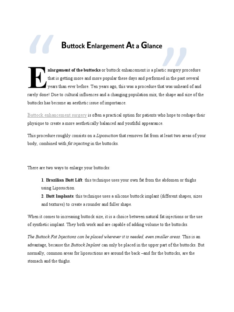 Buttock Enlargement Surgery Overview | PDF | Anesthesia | Body Modification