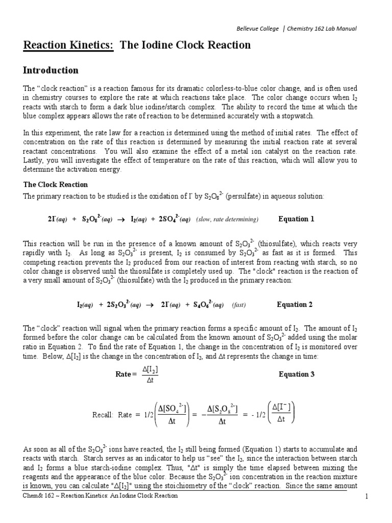 Iodine Clock Reaction Kinetics Lab | PDF | Reaction Rate | Molar ...