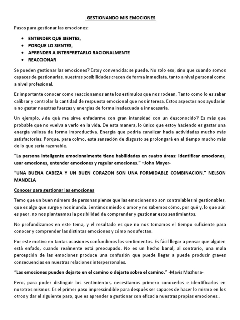 Gestionando Mis Emociones Pasos Para Ges Pdf Inteligencia Emocional