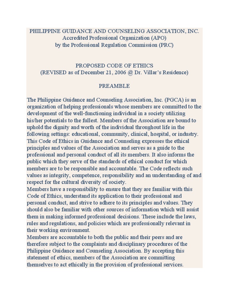 Proposed Code of Ethics for Guidance Counselors: Principles of Respect ...