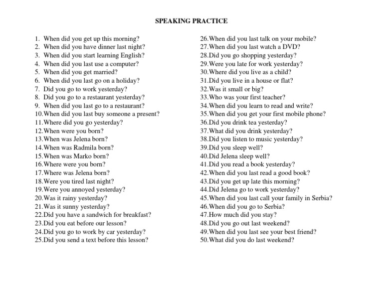 Past Simple, Speaking Exercise | PDF