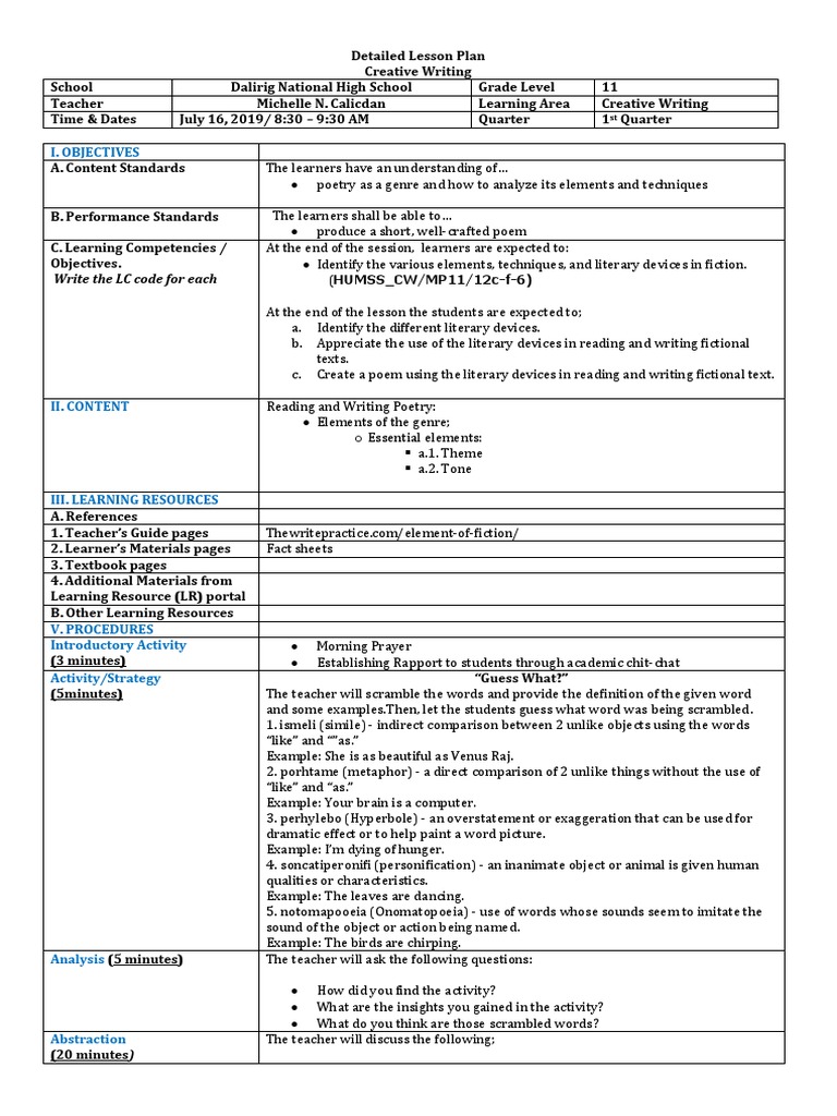 Unlocking Creativity Through Literary Devices: A Detailed Lesson Plan ...