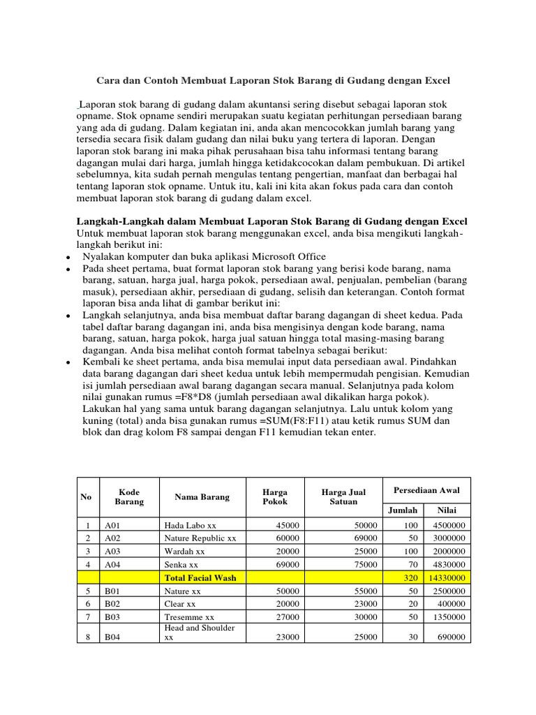 Cara Dan Contoh Membuat Laporan Stok Barang Di Gudang Dengan Excel | PDF