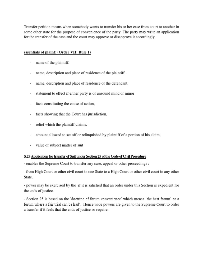 Transfer and Return of Plaint in CPC | PDF | Lawsuit | Separation Of Powers