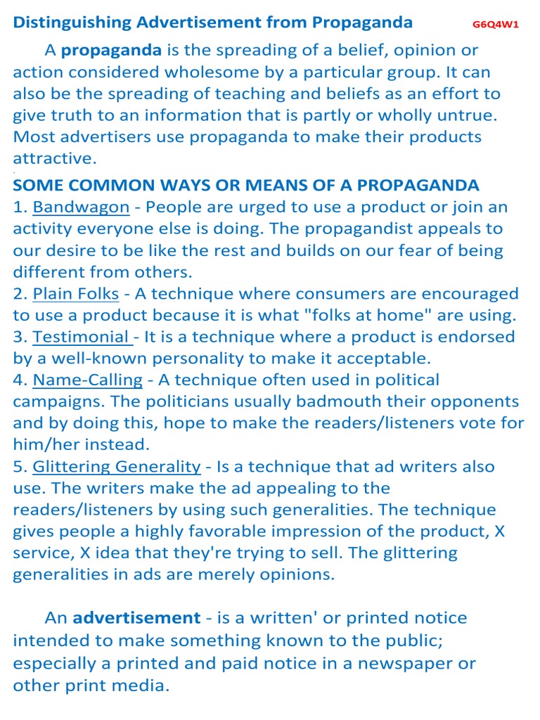 Propaganda vs. Advertising Techniques | PDF | Propaganda | Influence ...