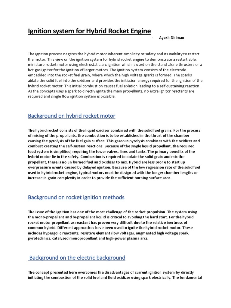 Ignition System For Hybrid Rocket Engine (Electrostatic Arc System ...