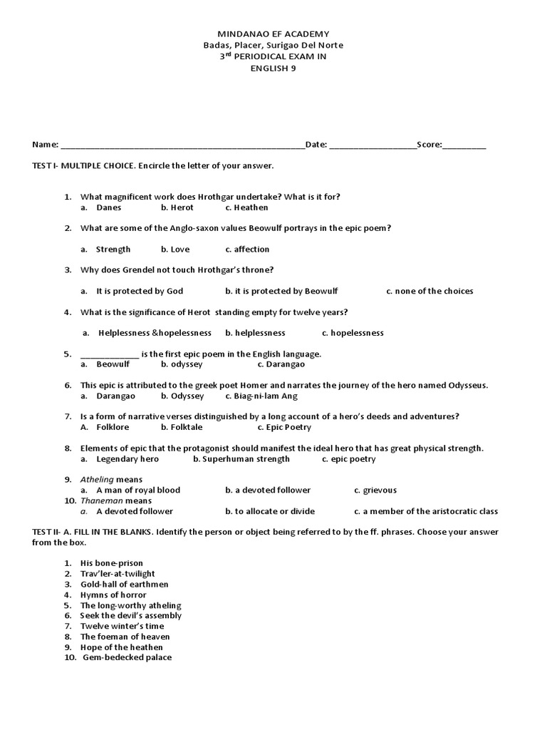 Grade 9 3rd Grading Exam | PDF | Beowulf | Epic Poetry
