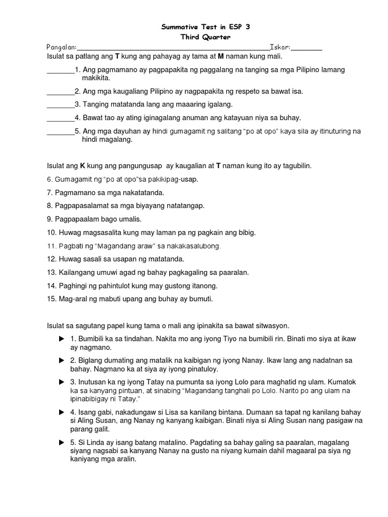 Summative Test in ESP 3 | PDF