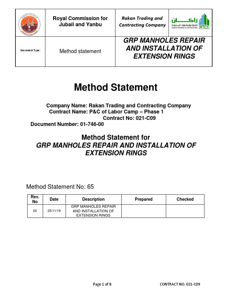 Method Statement GRP MANHOLES REPAIR AND INSTALLATION OF EXTENSION RINGS PDF | Download Free PDF ...