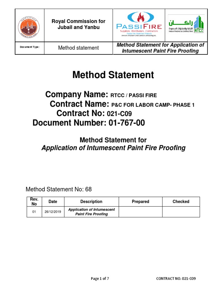 Method Statement Application of Intumescent Paint Fire Proofing PDF | PDF | Personal Protective ...