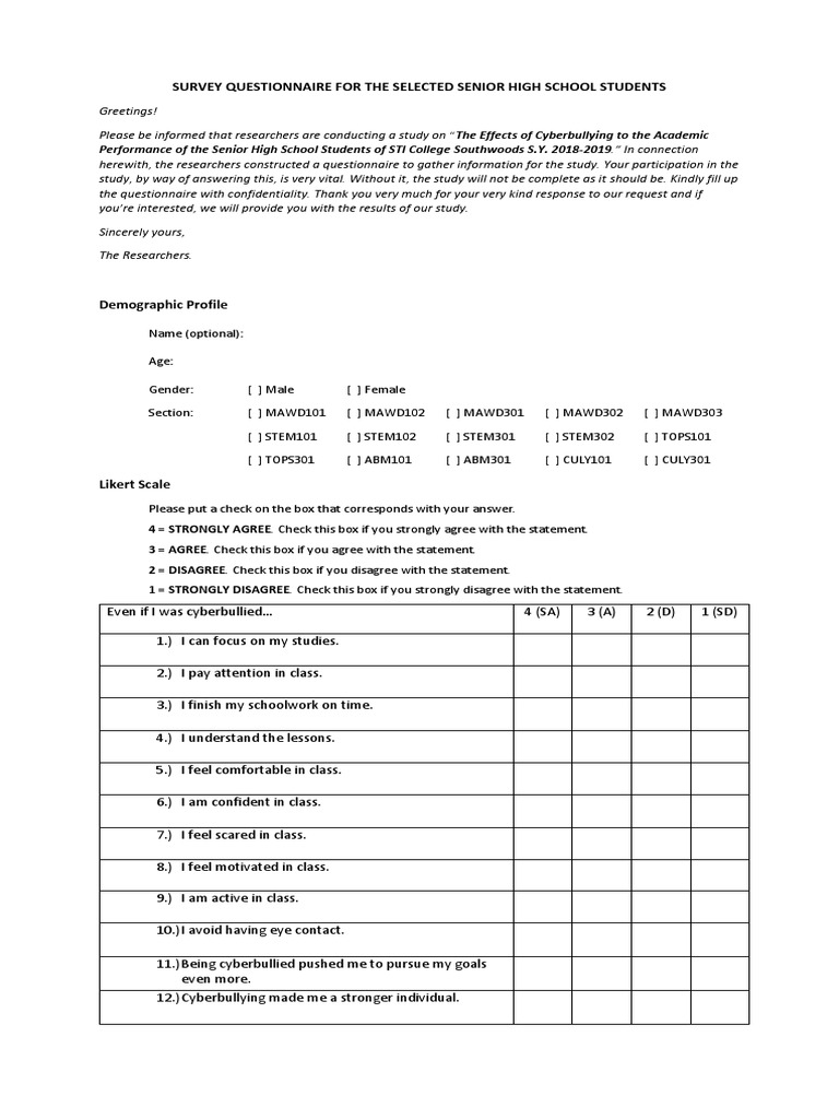 Survey Questionnaire For The Selected Senior High School Students | PDF