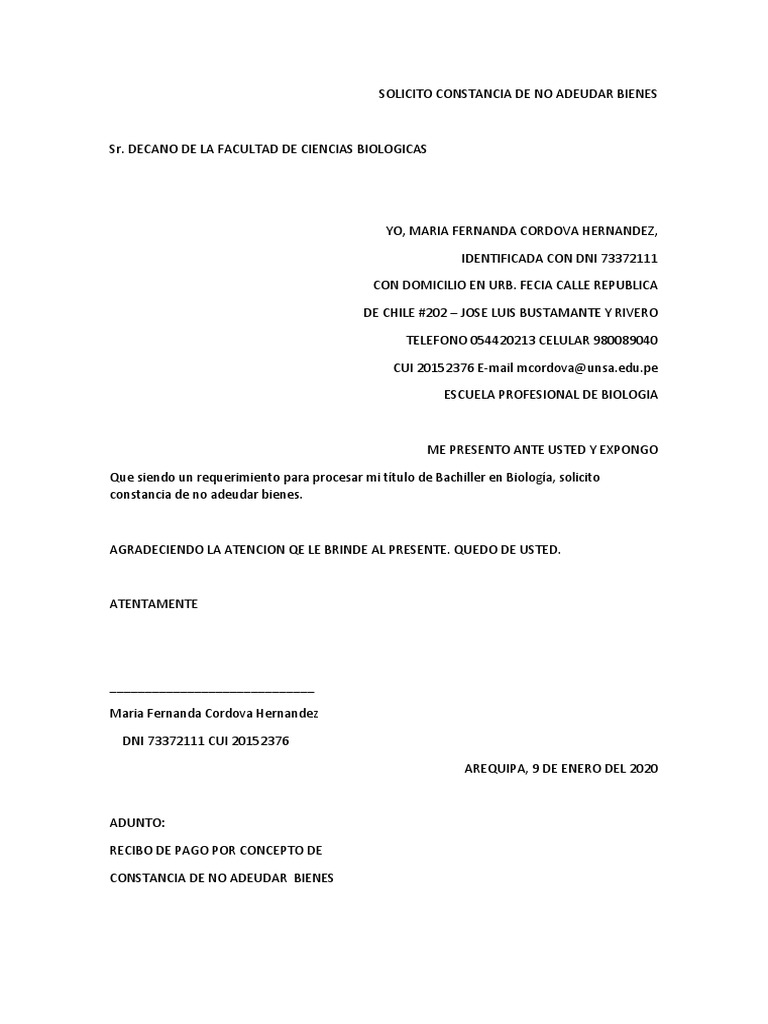 Solicito Constancia de No Adeudar Bienes | PDF