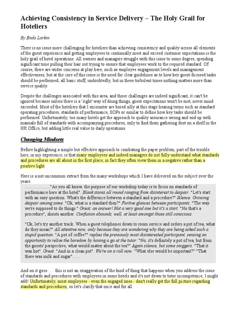 Consistency in Hotel Service Delivery | PDF | Goal