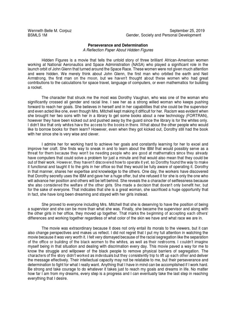 Perseverance and Determination: A Reflection on Hidden Figures | PDF ...