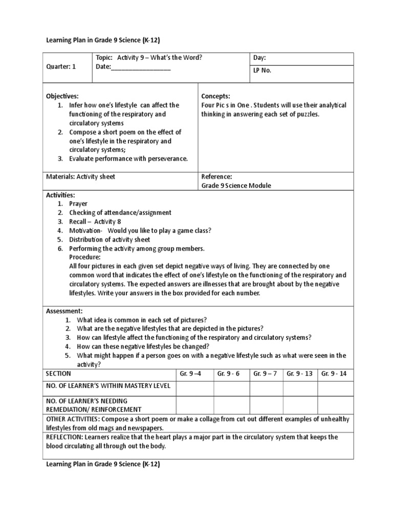 Activity On Circulatory System | PDF | Circulatory System | Lesson Plan