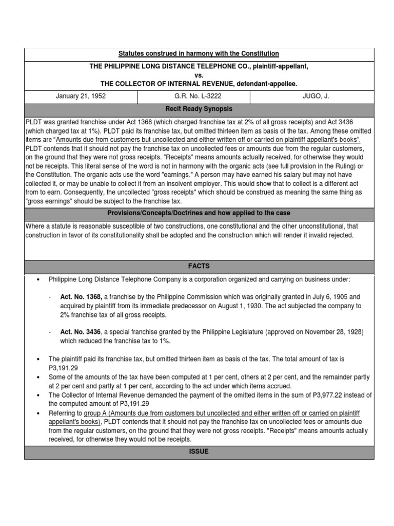 PLDT V CIR (Digest) | PDF | Receipt | Taxes