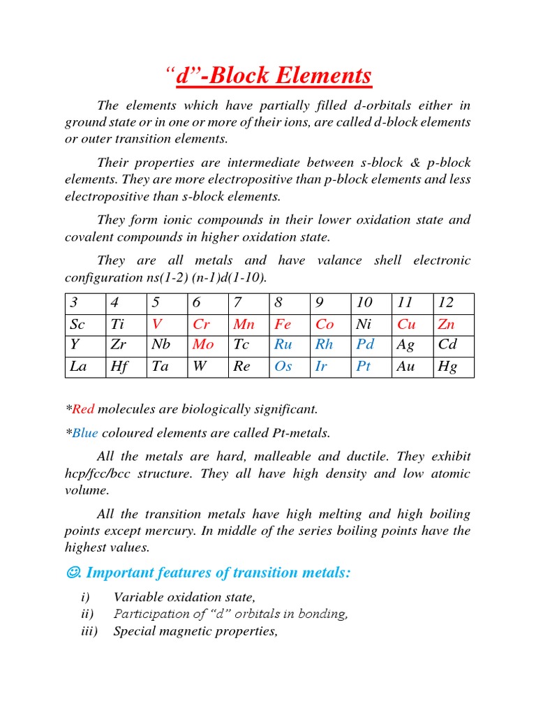 D - Block Element | PDF | Transition Metals | Atoms
