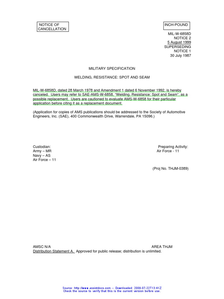 MIL-W-6858 - D (Welding, Resistance Spot and Seam) | PDF