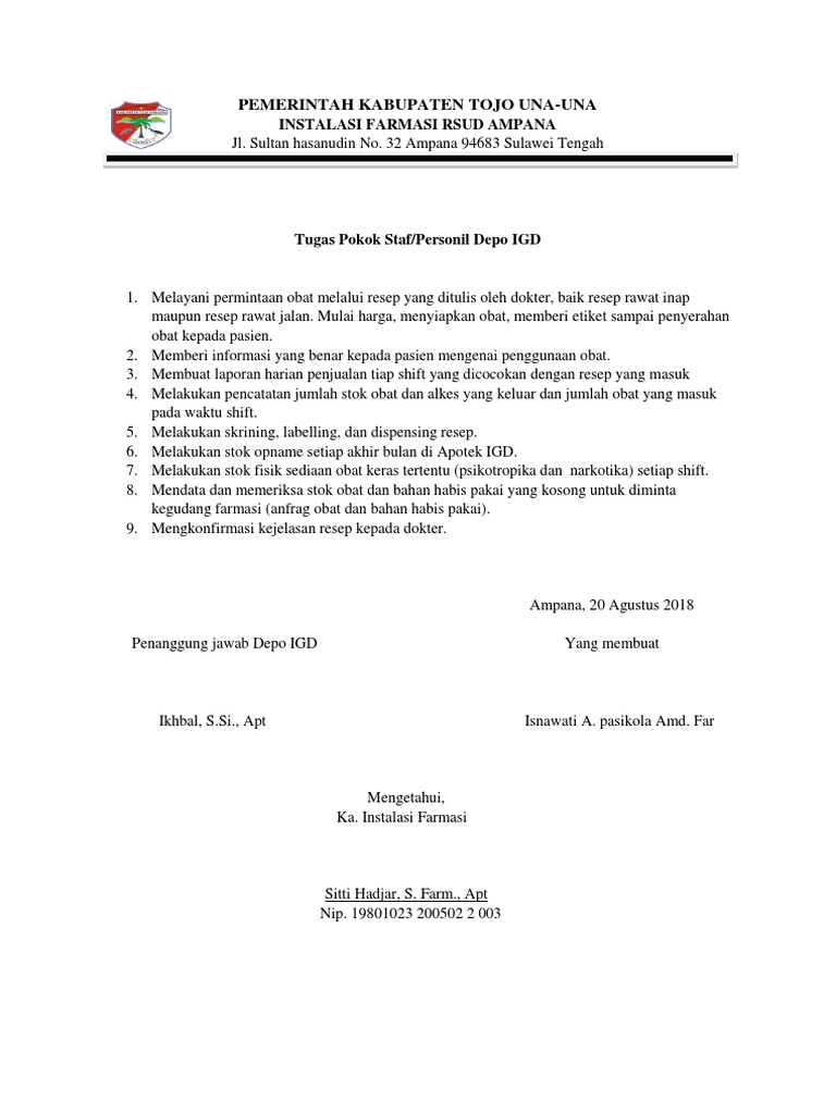 RSUD Ampana Uraian Tugas Staf Depo IGD | PDF