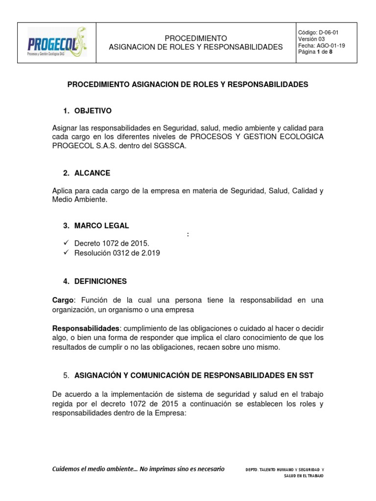 Procedimiento Asignacion de Roles y Responsabilidades | PDF | Seguridad | Residuos