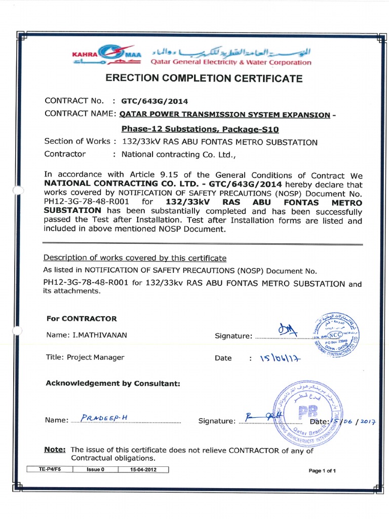 Erection Completion Certificate | PDF