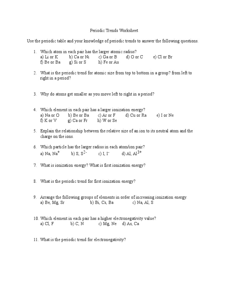 Periodic Trends Worksheet and Answers | PDF | Science & Mathematics