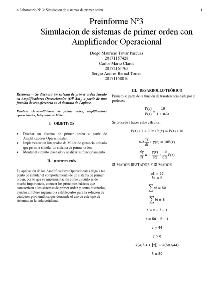 Sistema De Primer Orden Con Amplificadores Operacionales Pdf
