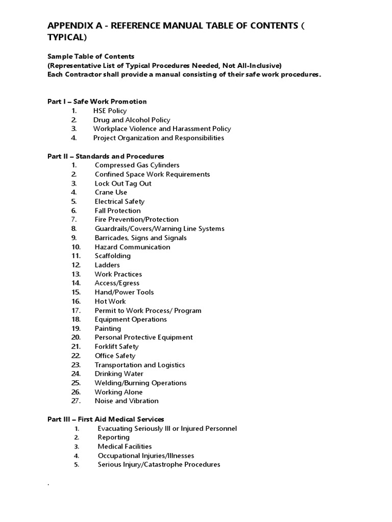 Typical HSE Manual Table of Contents | PDF | Occupational Hygiene | Safety