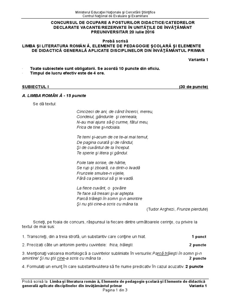 MODEL Subiect Titularizare Invatatori | PDF