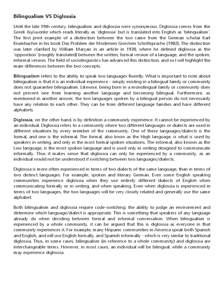 Understanding The Distinction Between Bilingualism And Diglossia Pdf