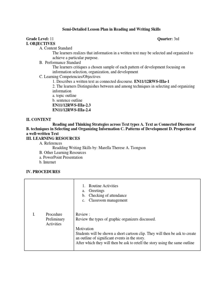Semi-Detailed Lesson Plan: Graphic Organizers | PDF | Lesson Plan ...