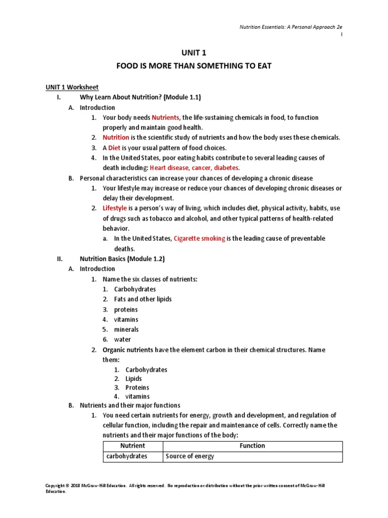 Unit 1 Worksheet | PDF | Food Energy | Nutrients