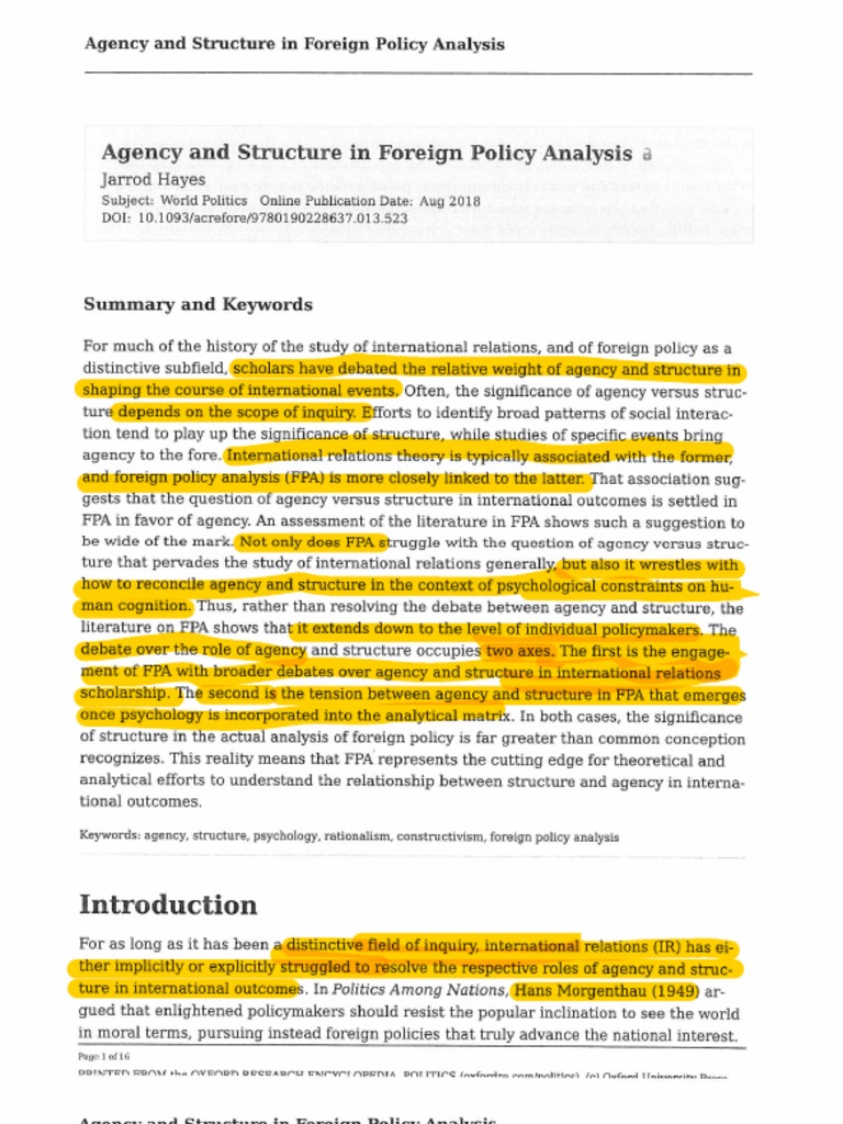 Jarrod Hayes - Agency and Structure in Foreign Policy Analysis | PDF