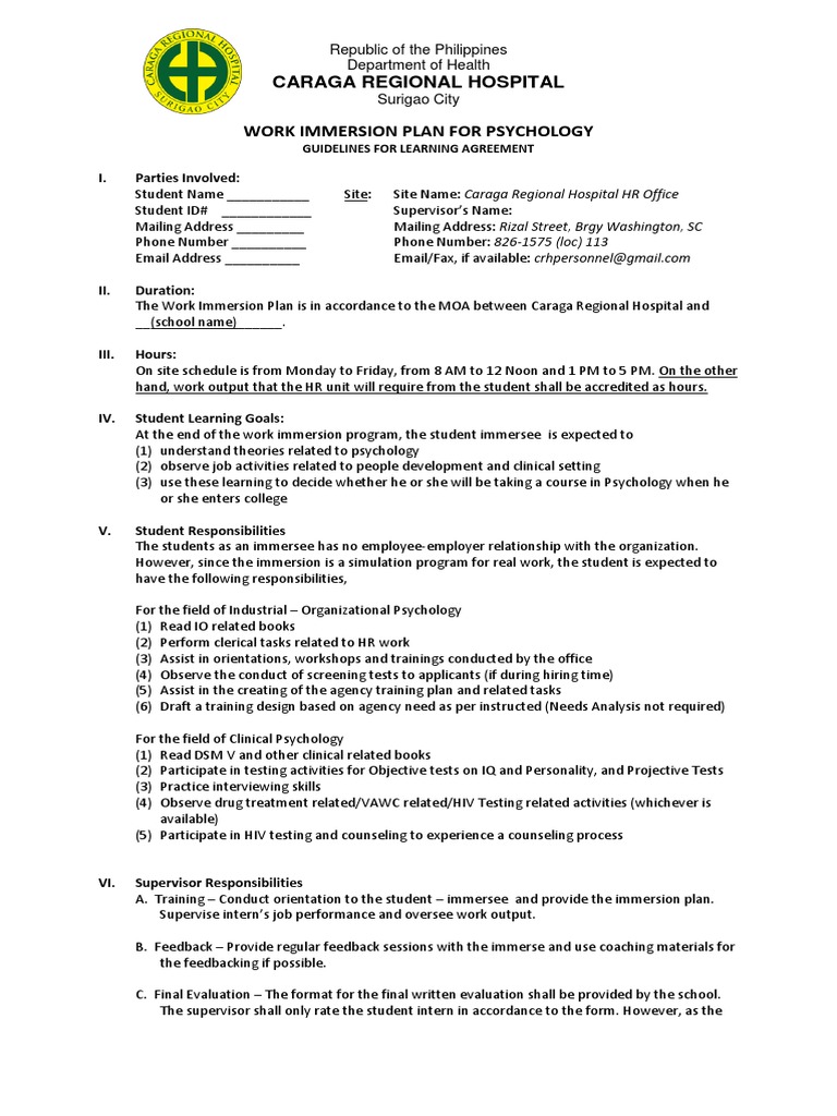 Work Immersion Plan For Psychology Students in Psychology | PDF ...