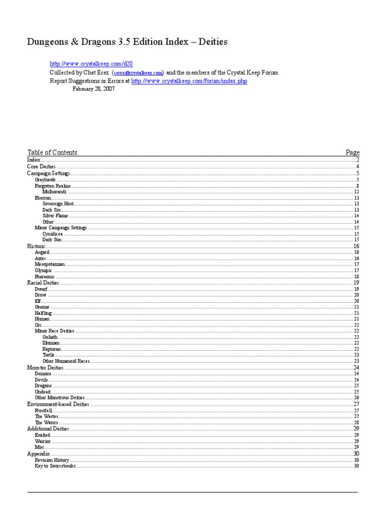 DND 3.5 Edition Index - Deities PDF | PDF | D20 System | Dungeons ...