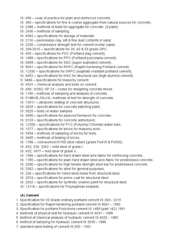 List of IS Codes | Download Free PDF | Concrete | Mortar (Masonry)