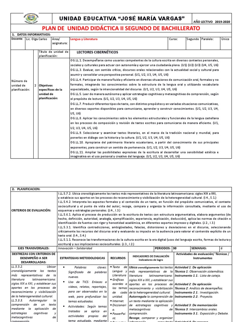 Planificación Lengua y Literatura 2° Bachillerato | PDF | Planificación ...