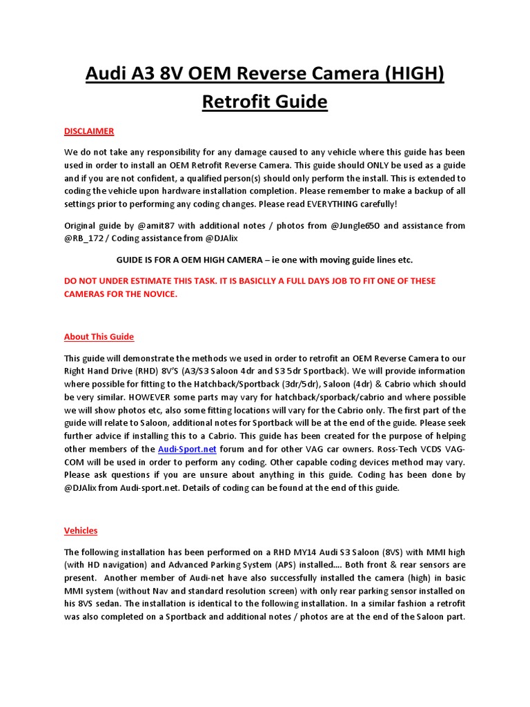 Audi A3 8V OEM Reverse Camera Retrofit Guide - SECURE | PDF | Trunk ...