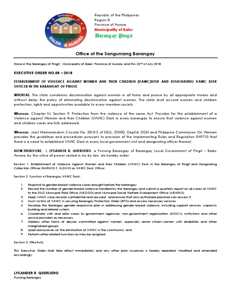 Executive Order: VAWC Desk and Officer | Download Free PDF | Violence ...