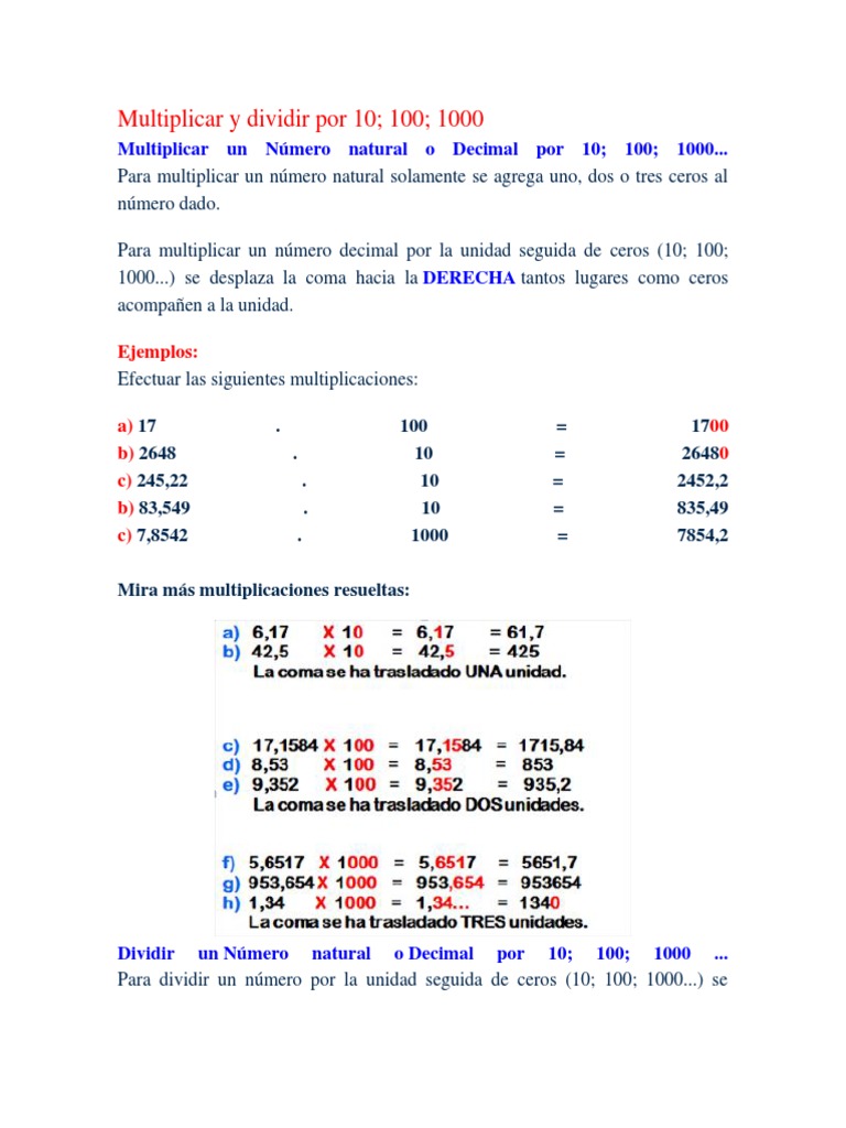 Multiplicar y Dividir Por 10 | PDF