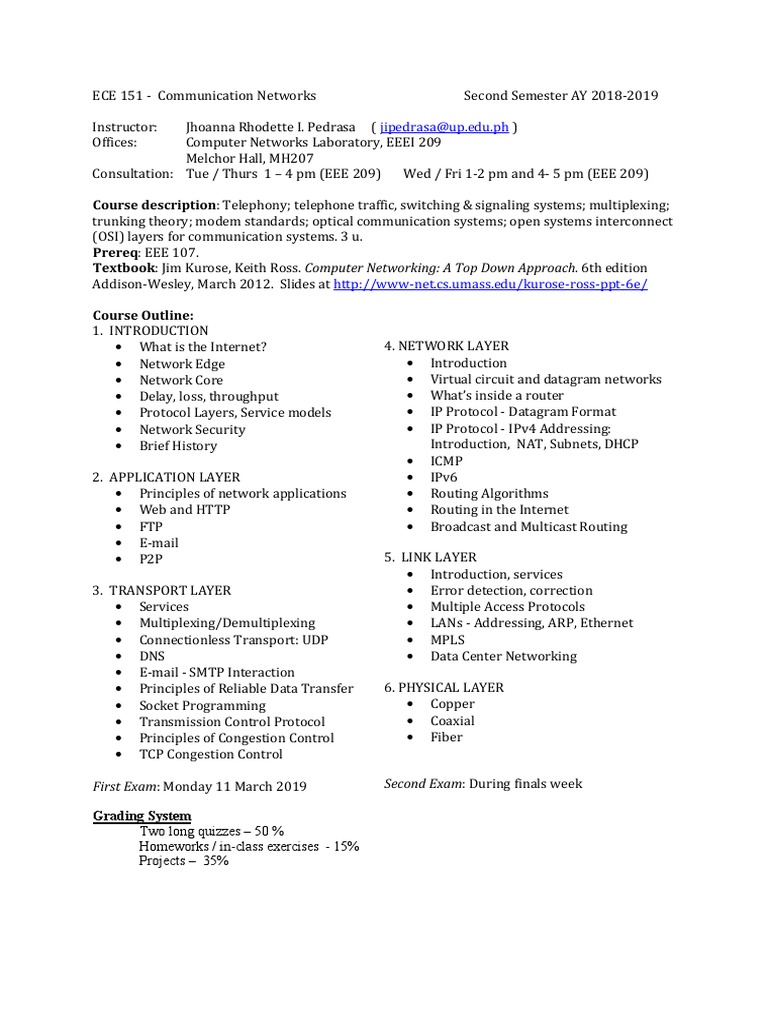 ECE 151 Syllabus AY1819s2 | PDF | Computer Network | Osi Model