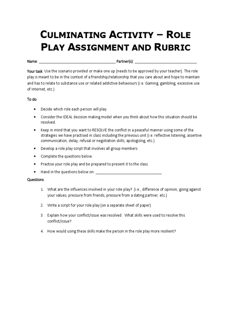 Culminating Activity Role Play Assignment and Rubric Swojcy | PDF ...