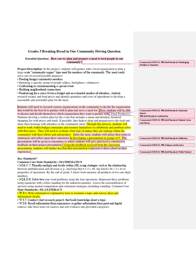 Grades 3 Interdisciplinary PBL | PDF | Community | Foods