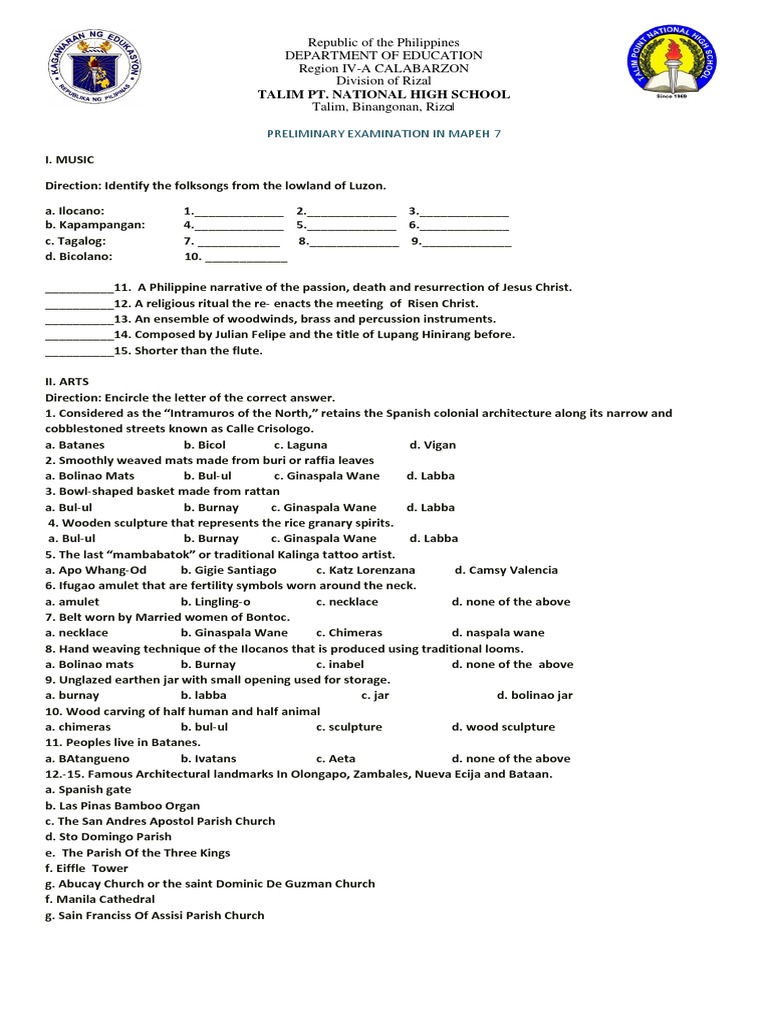 1st Preliminary Exam in Grade 7 | PDF | Philippines