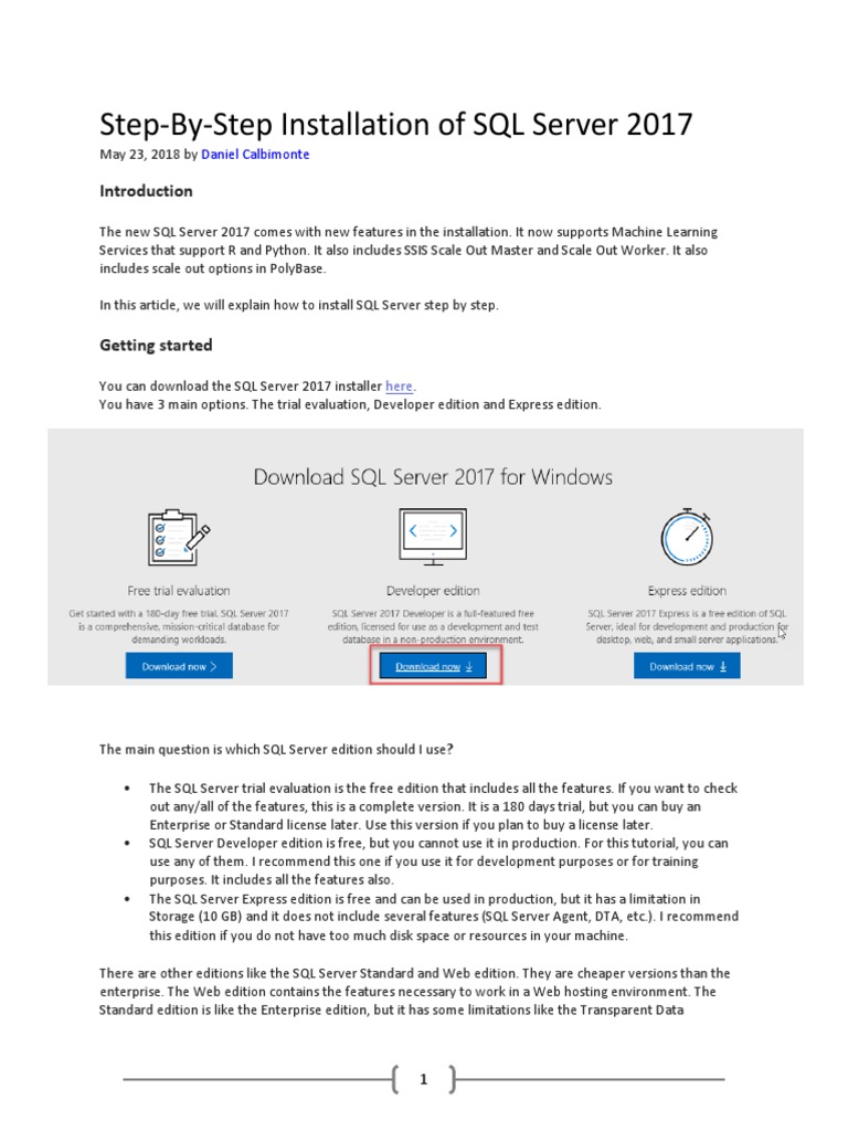 SQL SERVER 2017 Developer Edition - Installation Guide | PDF ...