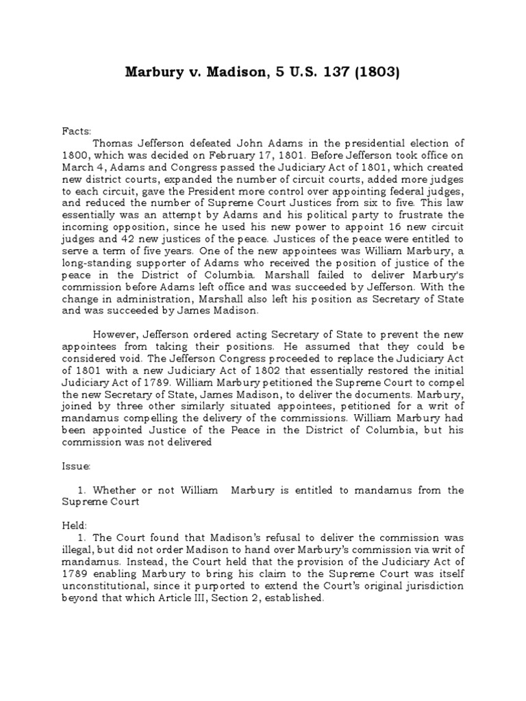 Case - 3 - Antonio - Marbury v. Madison 5 U.S. 137 1803 | PDF | Marbury ...