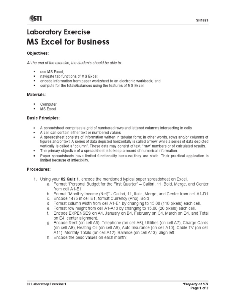02 Laboratory Exercise 1 | PDF | Spreadsheet | Microsoft Excel