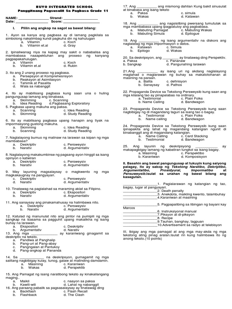 Midterm Exam Pagbasa | PDF