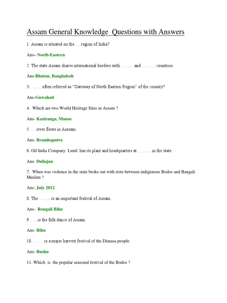 Assam General Knowledge Questions With Answers PDF | PDF Assam General Knowledge Questions With Answers PDF | PDF